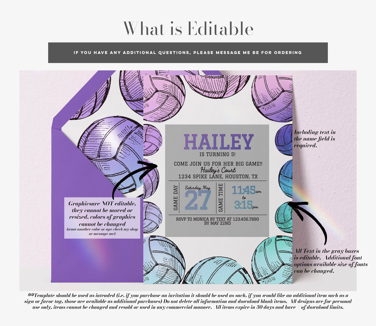 Editable Volleyball Invitation Girl Volleyball Birthday Invitation ...