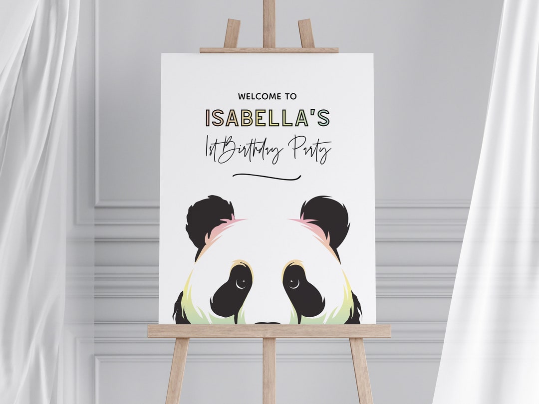 Editable Pastel Panda Bear Birthday Welcome Sign, Editable Panda Bear ...