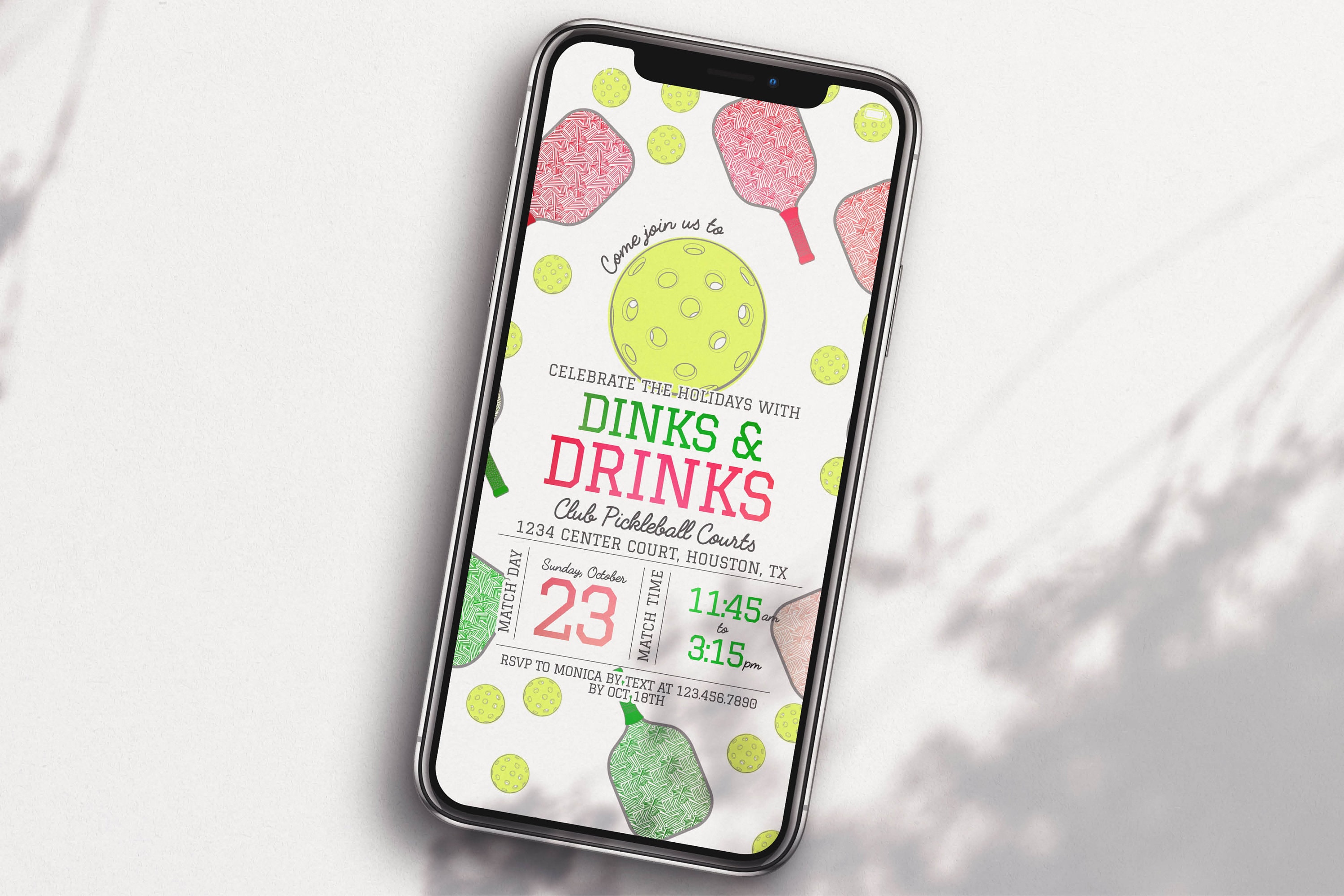 Editable Textable Pickleball Christmas Party Invitation, Dinks and Drinks Invitation for Phone ...