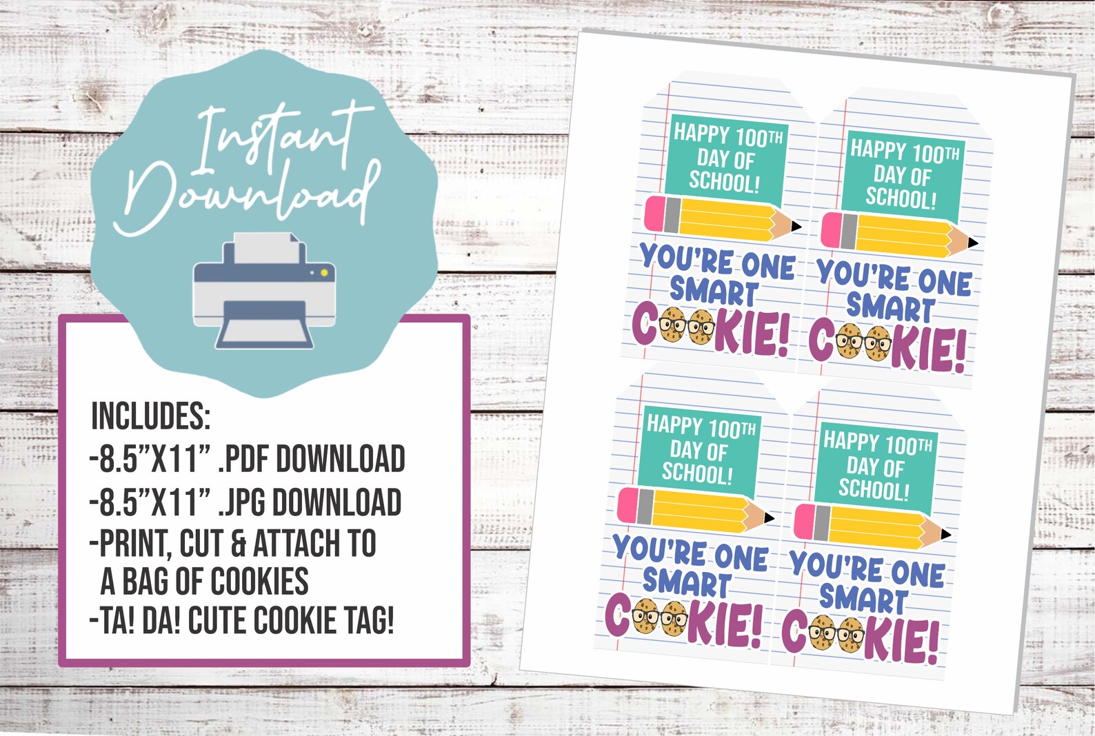 PRINTABLE You Are One Smart Cookie Happy 100th Day Tag - Etsy
