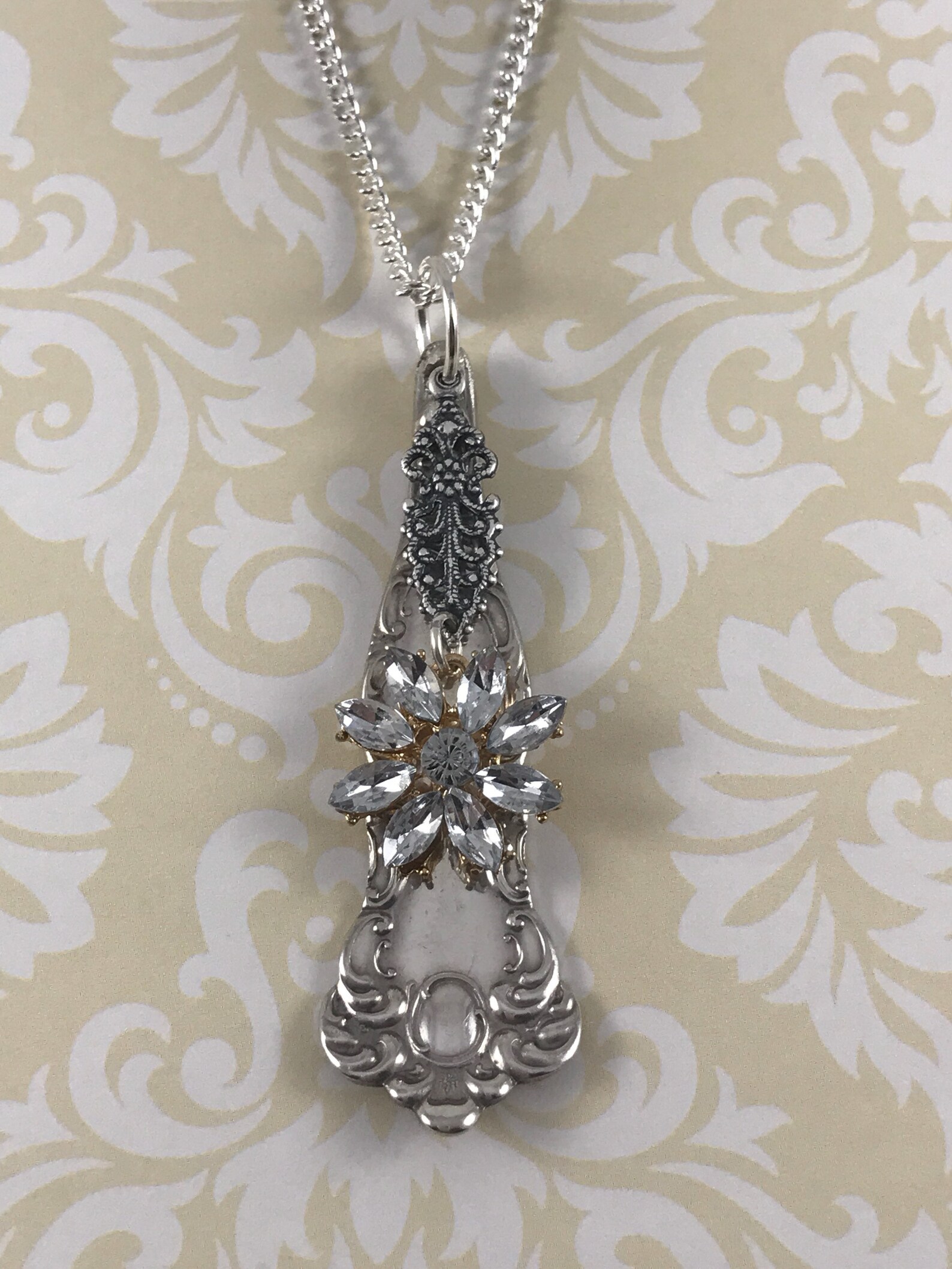 Antique Spoon Pendant: Silverware Necklace With Crystal Daisy - Etsy