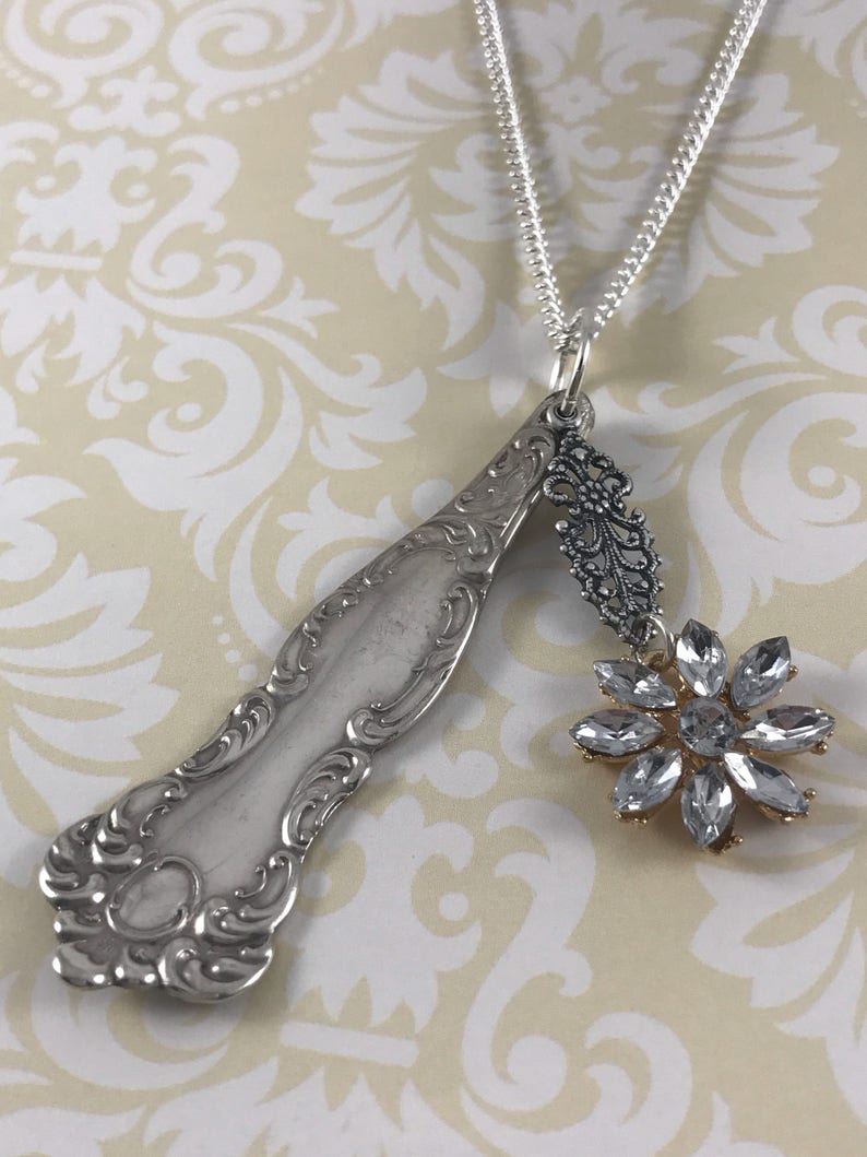 Antique Spoon Pendant: Silverware Necklace With Crystal Daisy - Etsy
