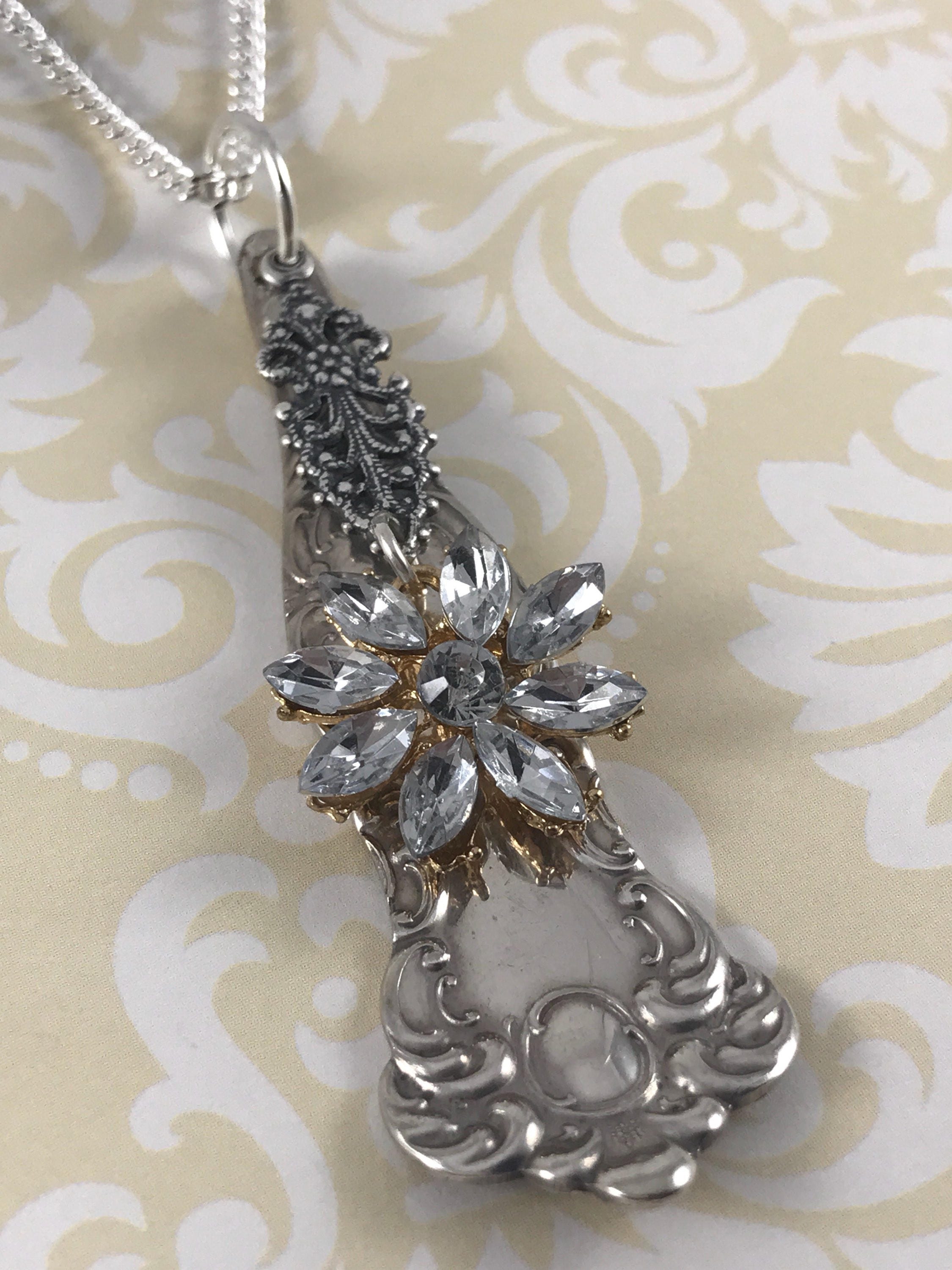 Antique Spoon Pendant: Silverware Necklace With Crystal Daisy - Etsy