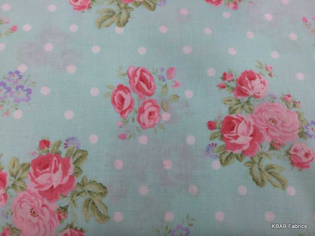 Light Blue Pink Roses Fabric English Cottage Rose Floral Cotton Fabric ...