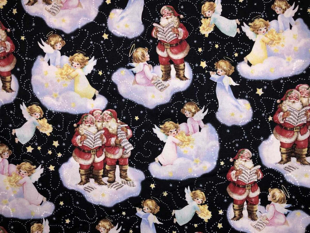 Christmas Santa Claus & Angels Singing Carols on Clouds Cotton Fabric ...