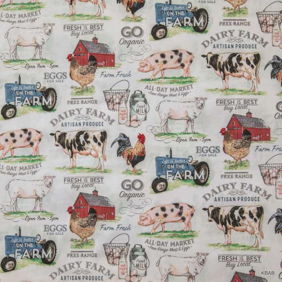 Country Farm Animal Fabric Dairy Barnyard Pig Cow Chicken Red Barn ...
