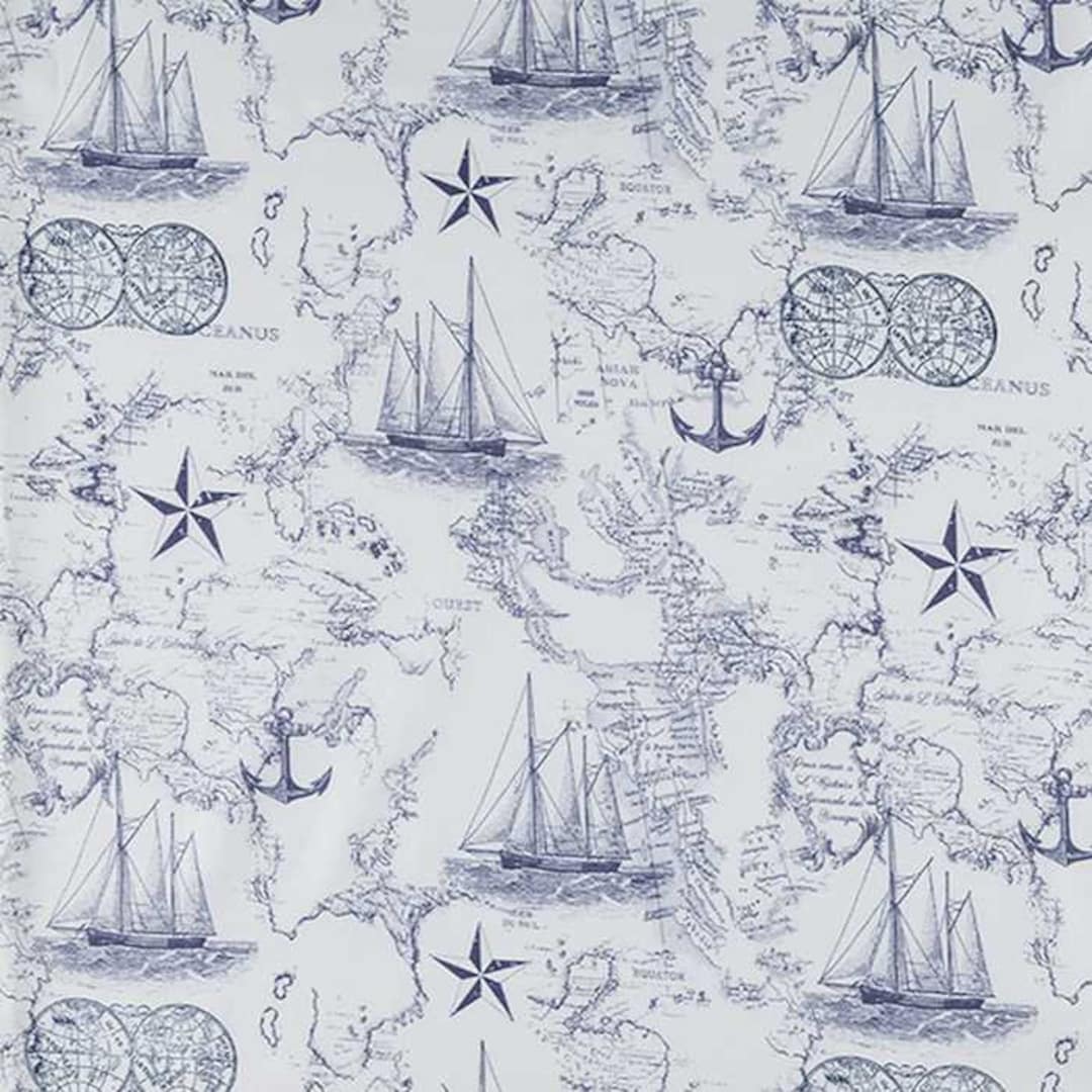 Sea Ocean Chart Fabric, Nautical Map Fabric, Navy & White Boat Ship ...