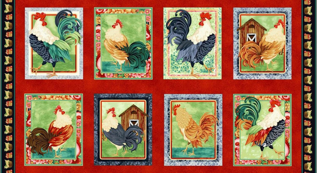 Farm Rooster Fabric Panel Red Farm Raised Chicken Large Blocks ...