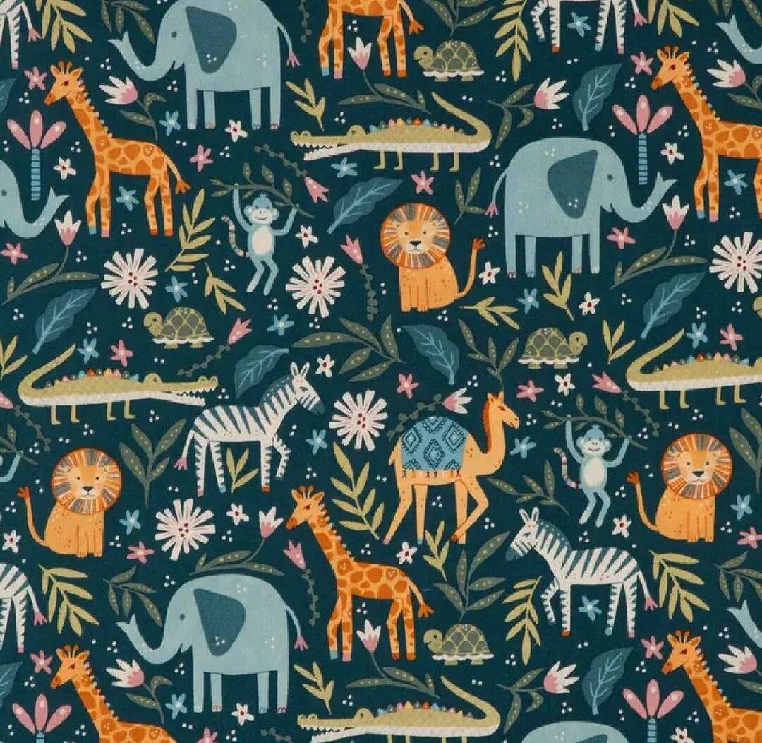Jungle Animal Kingdom Fabric Zoo Animals Elephant Lion Wildlife Fabric ...