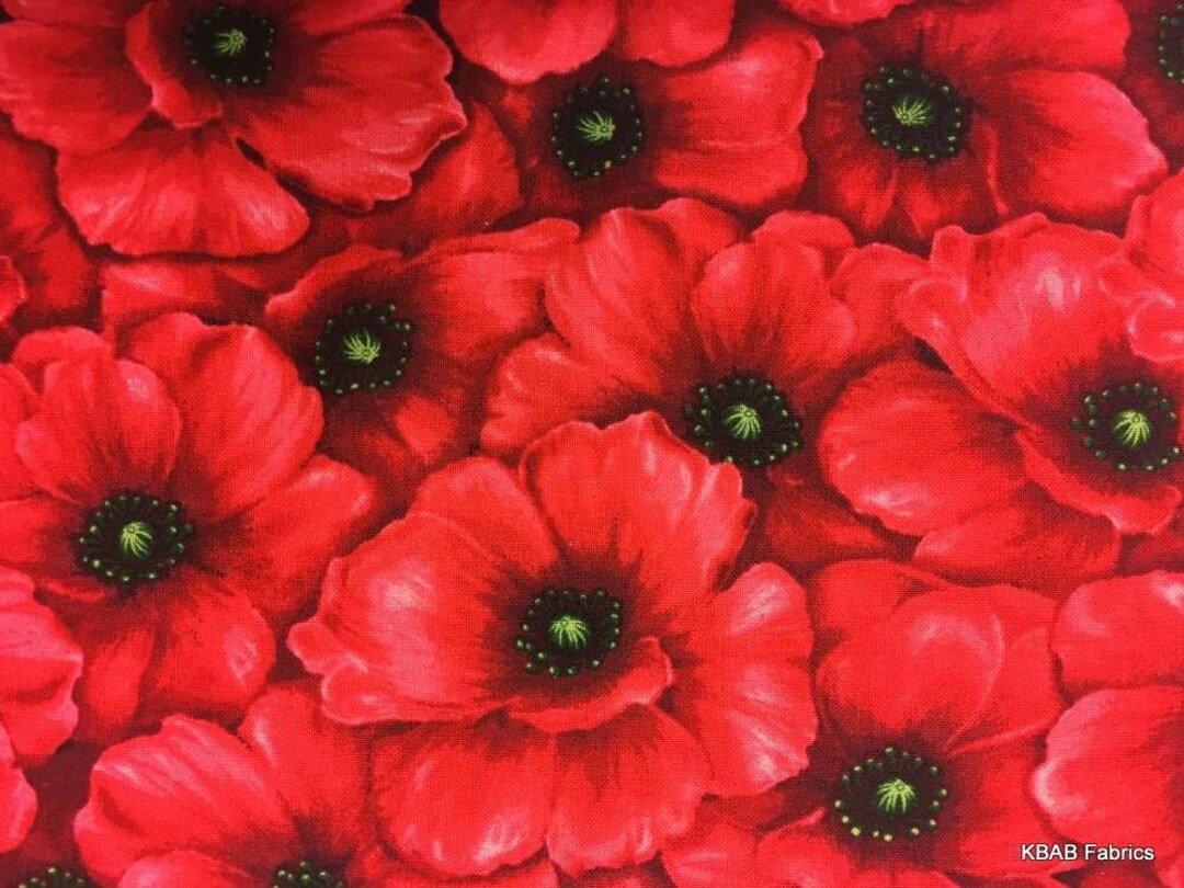Red Poppy Fabric Poppies All Over Packed Floral Botanical Flowers ...