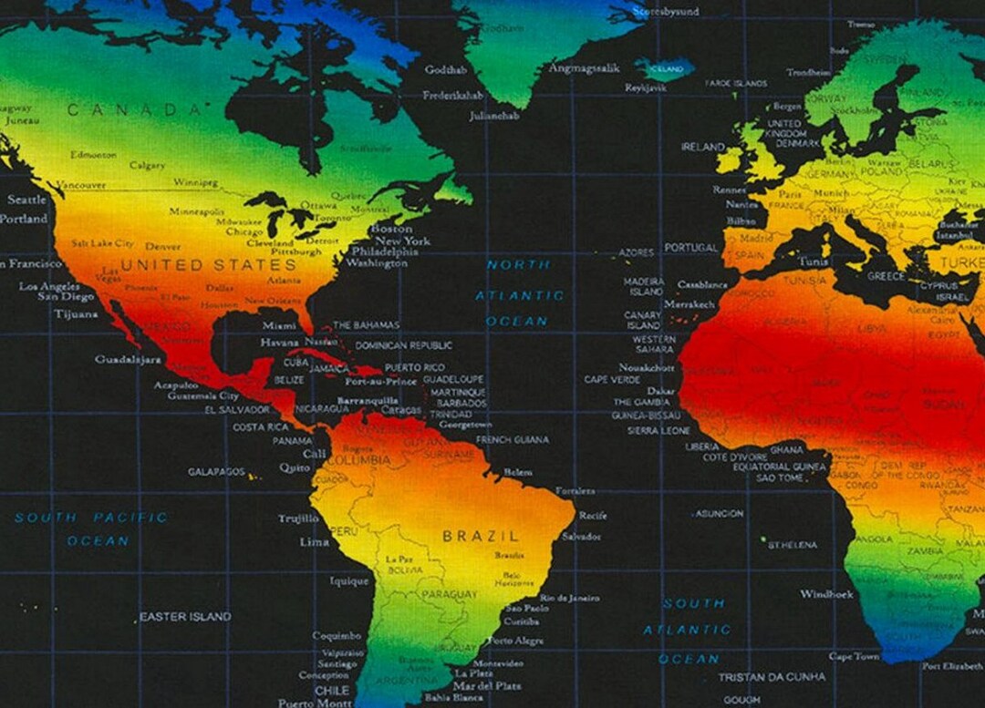 Fabric World Map Fabric Explore Educational School Classroom Homeschool ...