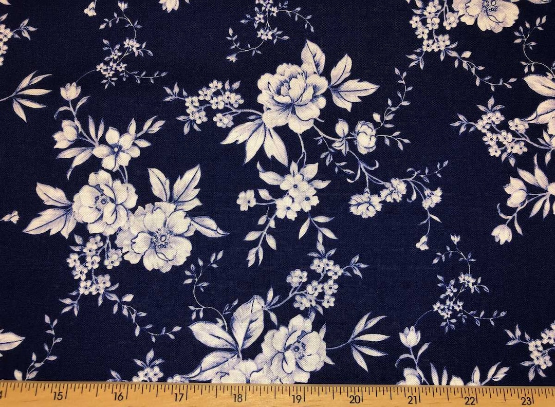 Navy Porcelain Floral Fabric Flowers on Navy Blue Apparel Quilting ...