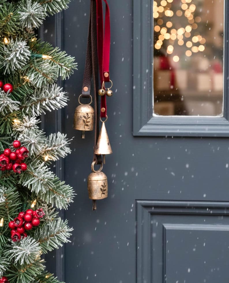 Holiday Etched Hanging Christmas Bells Leather & Velvet Door Hanger ...
