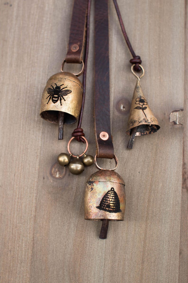 Hanging Front Door Engraved Bells Bee Themed Rustic Bells and Leather ...