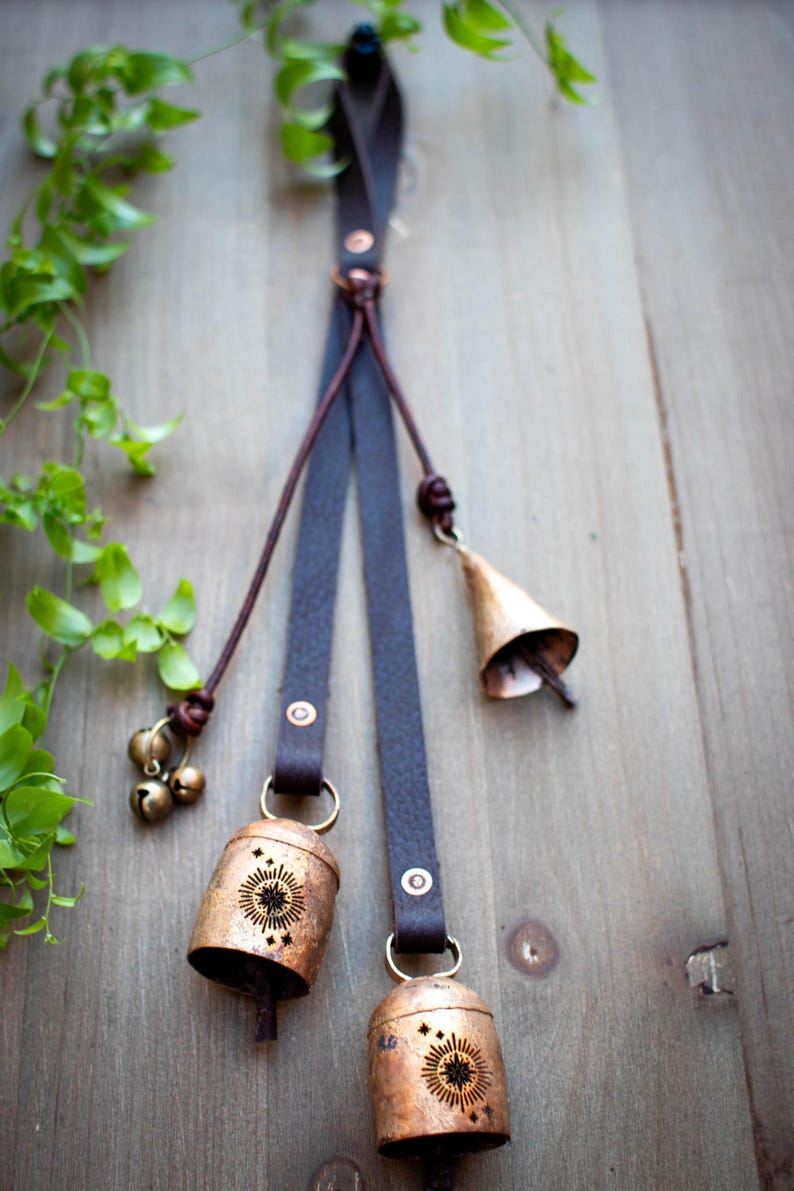 Hanging Front Door Engraved Bells Bee Themed Rustic Bells and Leather ...