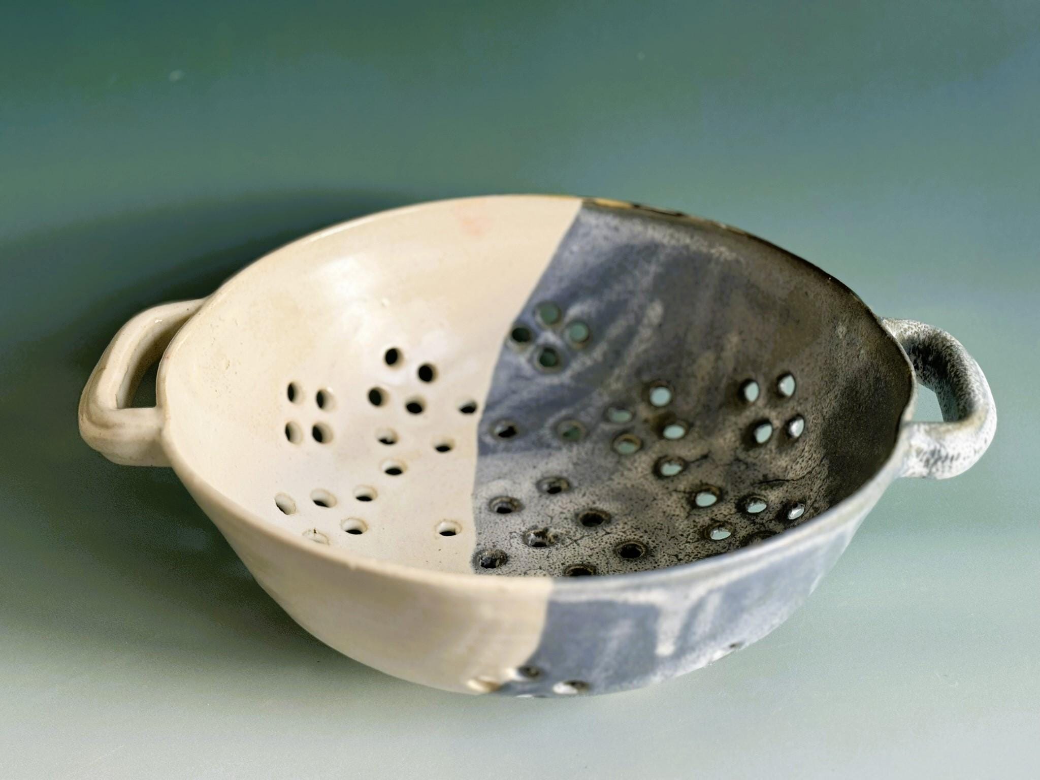 Hand Thrown Ceramic Strainer/colander Rustic White & Blue-gray Glaze ...
