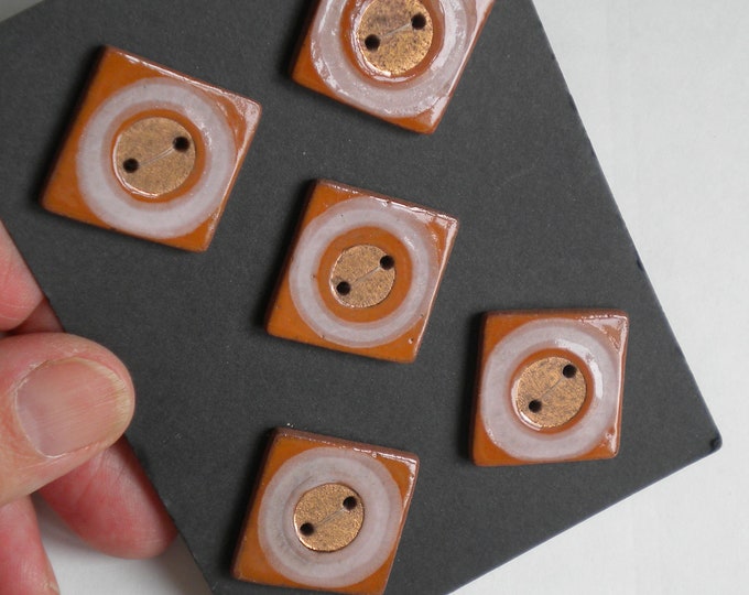 5 Terracotta 23mm Square Buttons, Rich Maroon and Copper Lustre ...