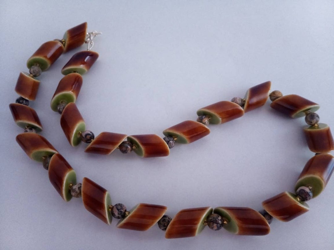 Diagonal Cut Porcelain Bead Necklace, Olive Green and Clear Brown Glaze ...