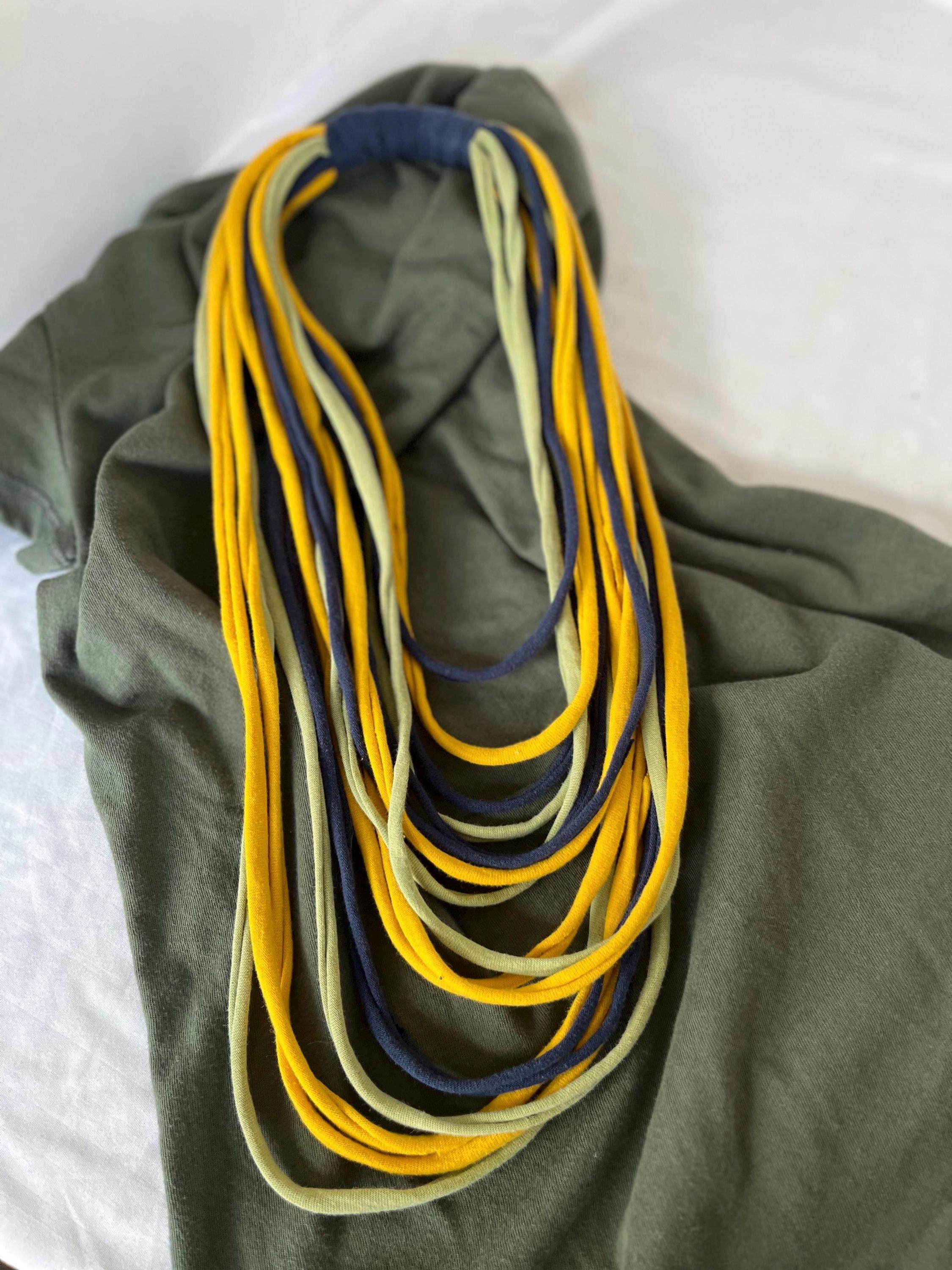 Blue, Gold & Sage T-shirt Necklace/ Fabric Necklace/ Boho Jewelry ...