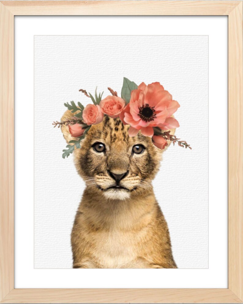 Lion Cub Animal Print With Flower Crown, Nursery Wall Decor, Digital ...