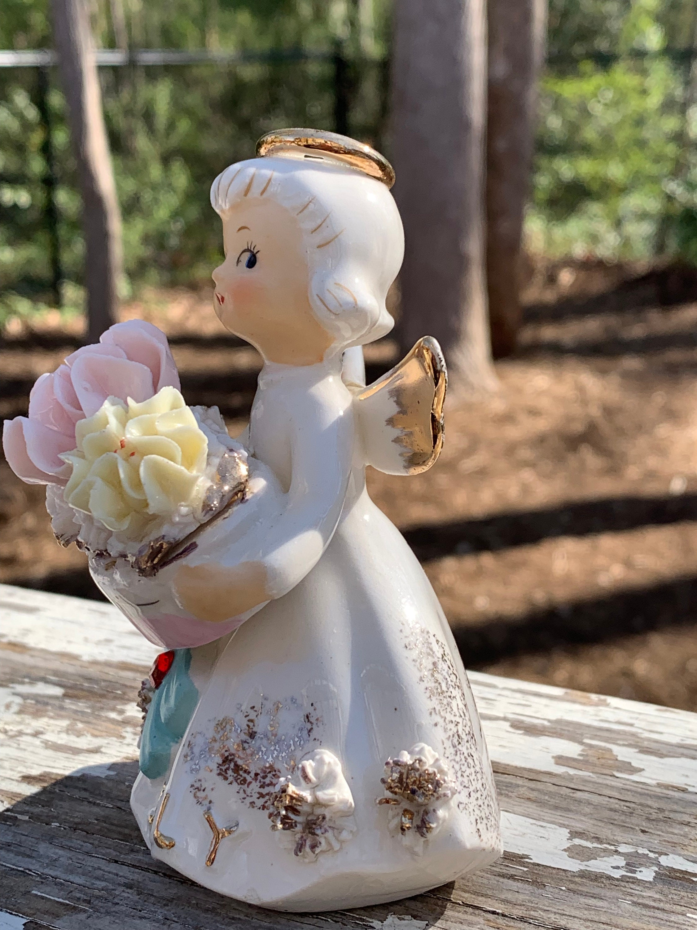 Vintage Lefton July Angel, Water Lily Flowers, Birthstone Ruby, Made in ...