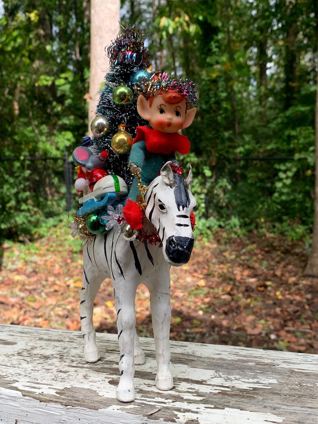 Vintage Christmas Baby Paper Mache' Covered in Leather Zebra, Ridden by ...
