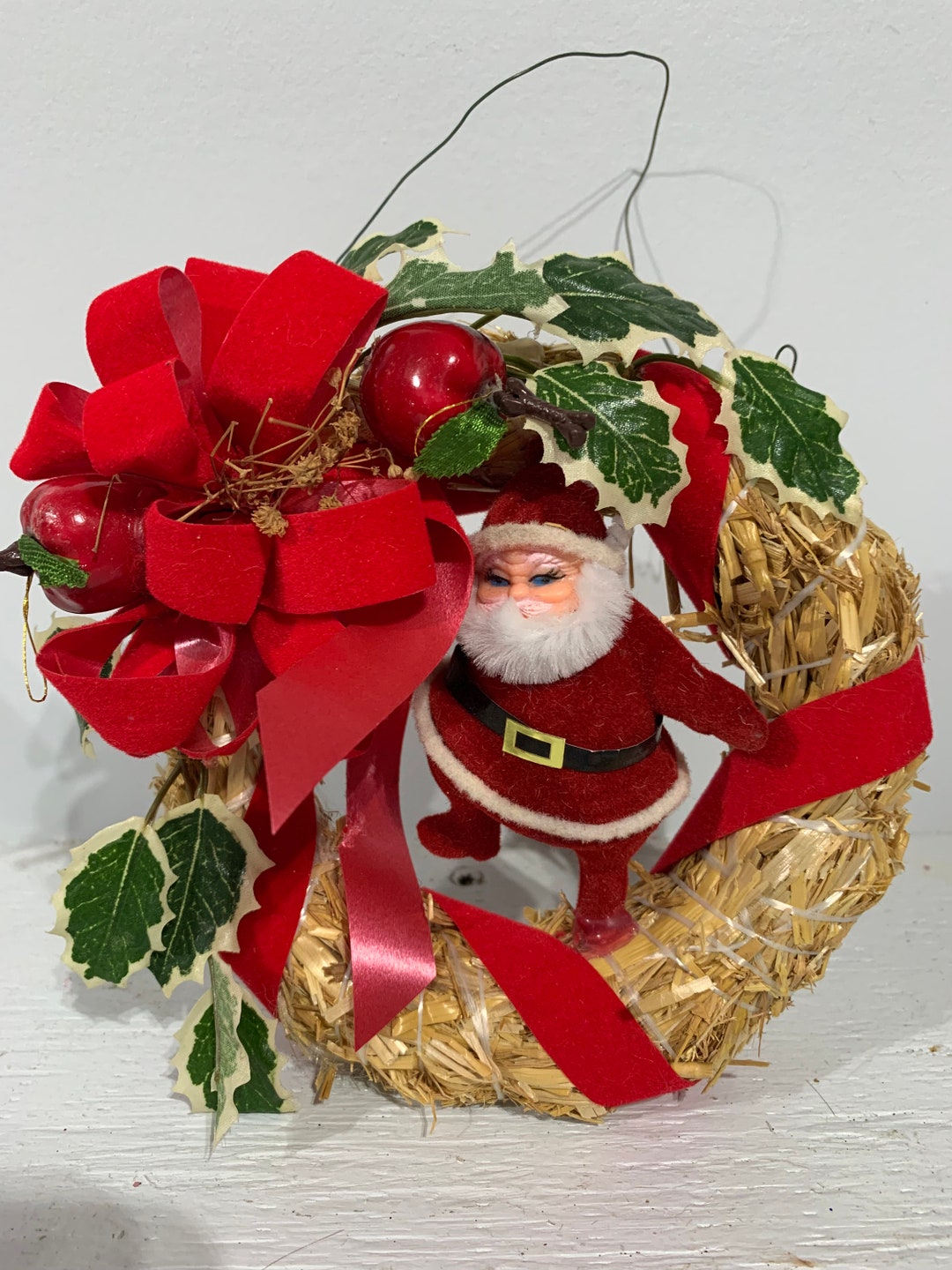 Vintage Flocked Santa With Vintage Greenery Hand Crafted Into a Modern ...