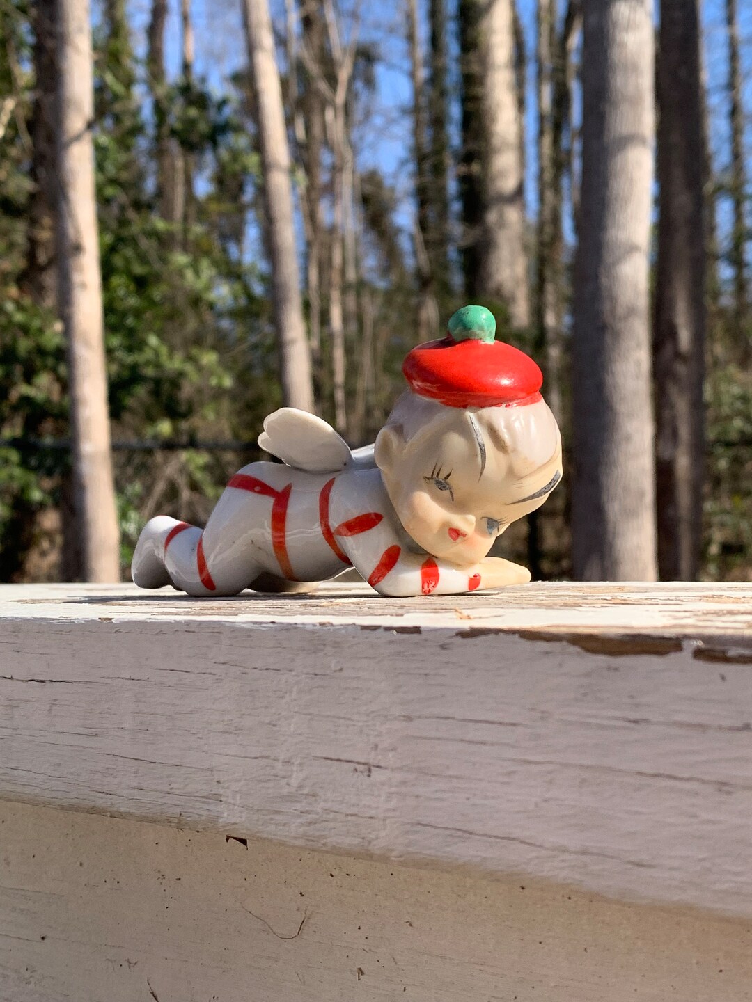 Vintage Pixie or Elfin Child in Red and White Footie Pajamas and a ...