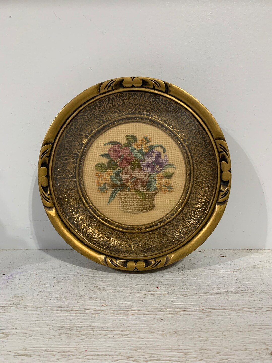 Vintage Needlepoint Art in Round Ornate Victorian Style Frame. Was ...