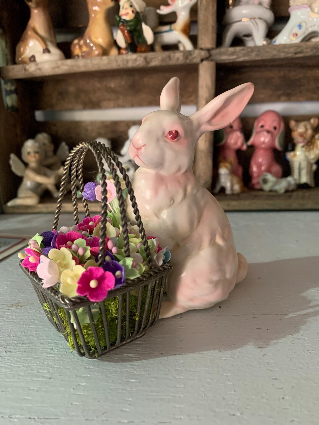 Lefton Pink Eyed Rabbit With Sticker, Holding a Vintage Wired Basket ...