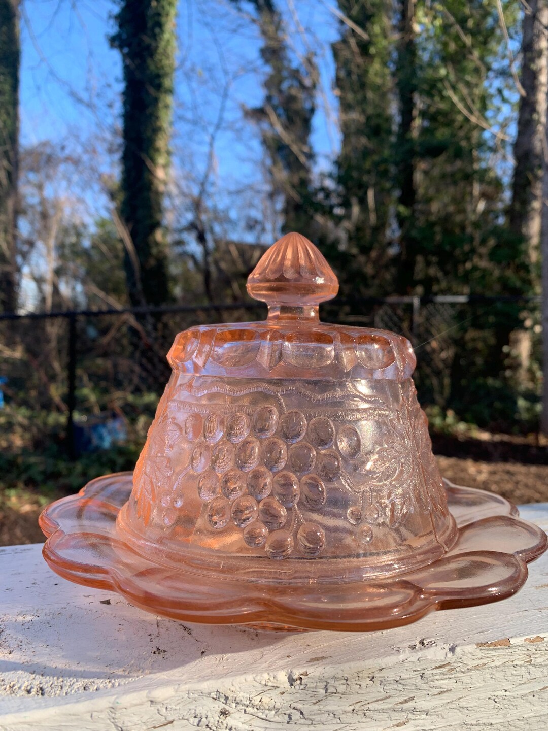 Vintage Pink Depression Glass, Round Covered Butter Dish, Grapes Design ...