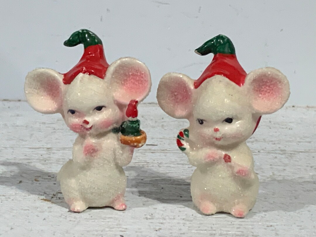 Vintage Anthropomorphic Mice, Elf Hats, Sugared, 3ish Inches Tall, Set ...