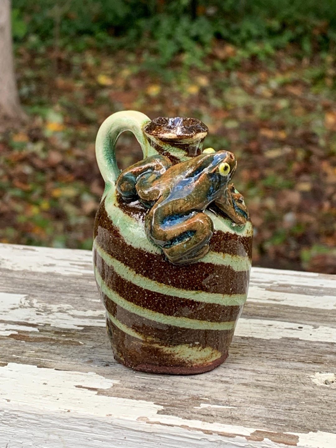 Handmade Pottery Jug 4 Inches With Frog, Sage Green and Brown Stripes ...