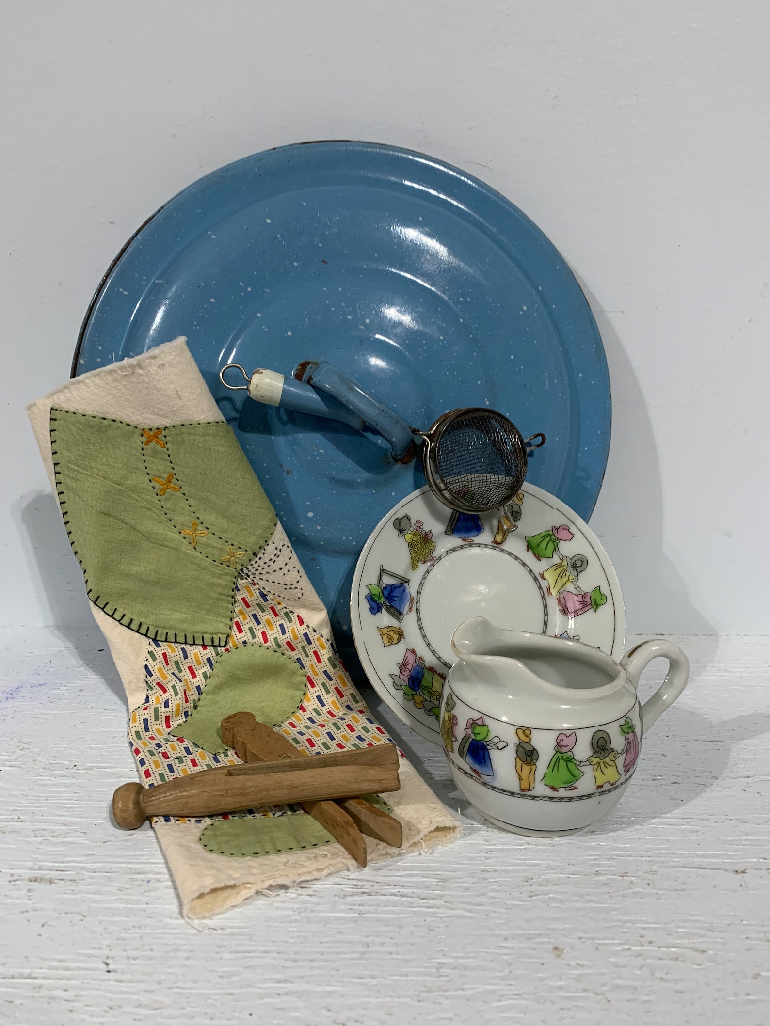 Vignette in a Box, Enamelware Lid, Child's Toy Strainer, Small Plate ...