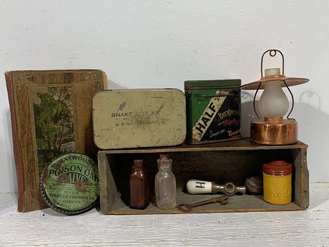 Vignette in a Box, Rustic Cabin Decor, Father's Day, ALL Vintage, Snake Bite Kit, Poison Oak Tin ...
