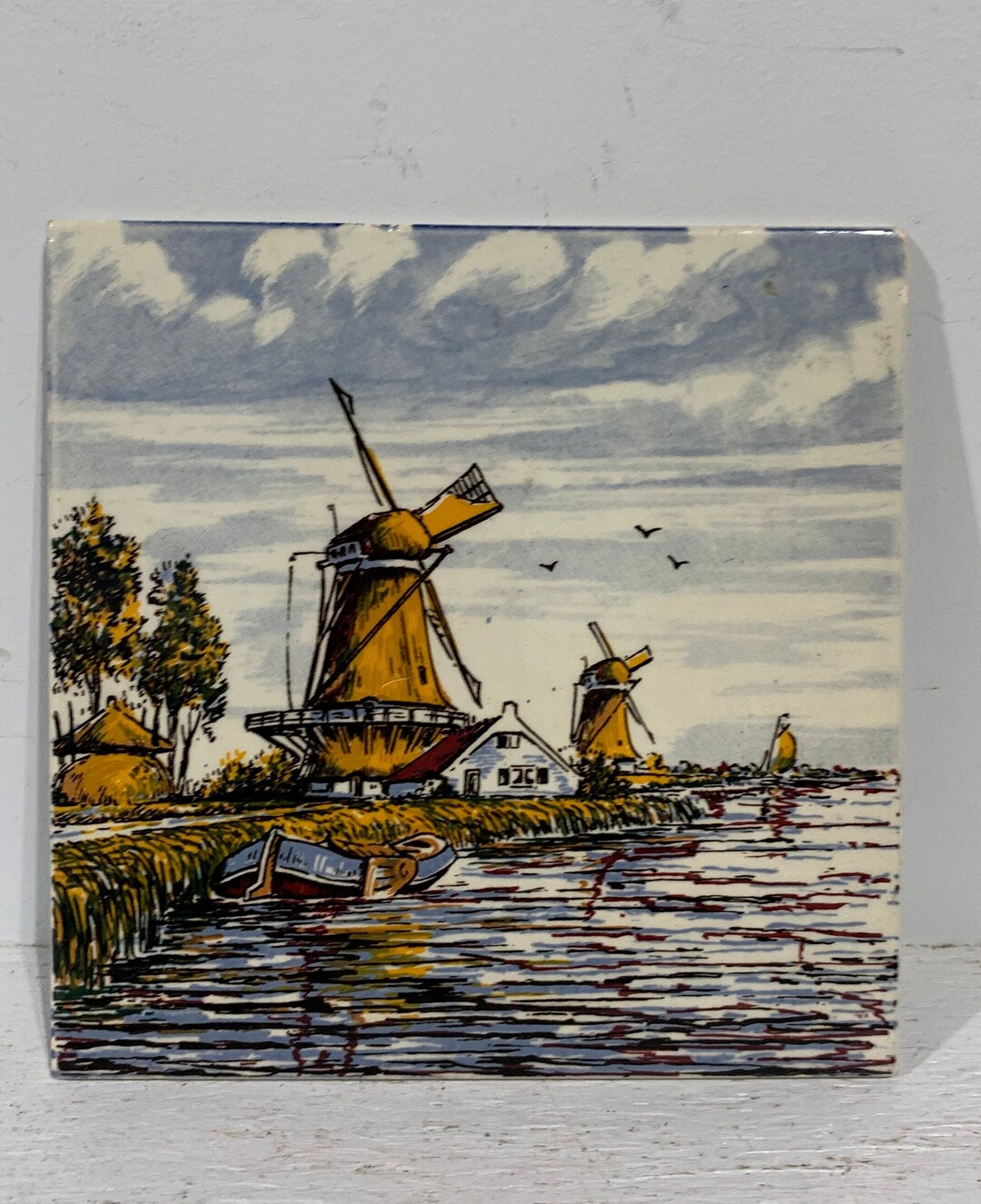Delft of Holland Hand Painted Ceramic Tile Image of Windmill Near Water ...