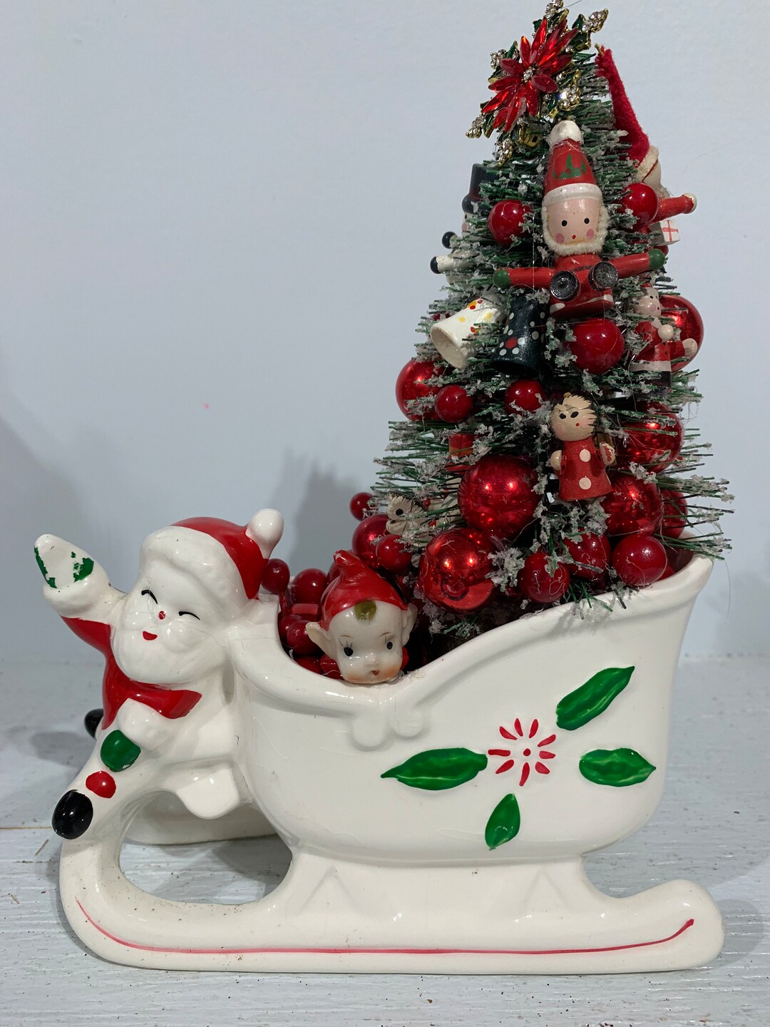 Vintage Relpo Christmas Santa Sleigh Planter, Tree Filled With Vintage ...