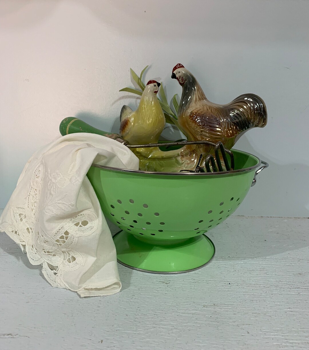 YOU Create a Vignette With Lime Green Colander, Chicken Figurine Made ...