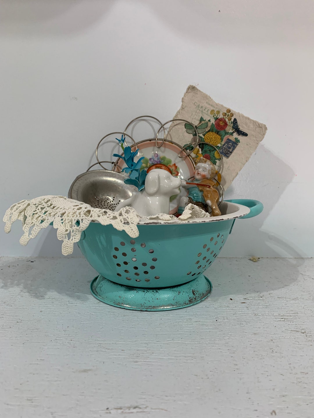 Vignette in a BOX, Instant Vintage Vignette, Teal Colander Filled With ...