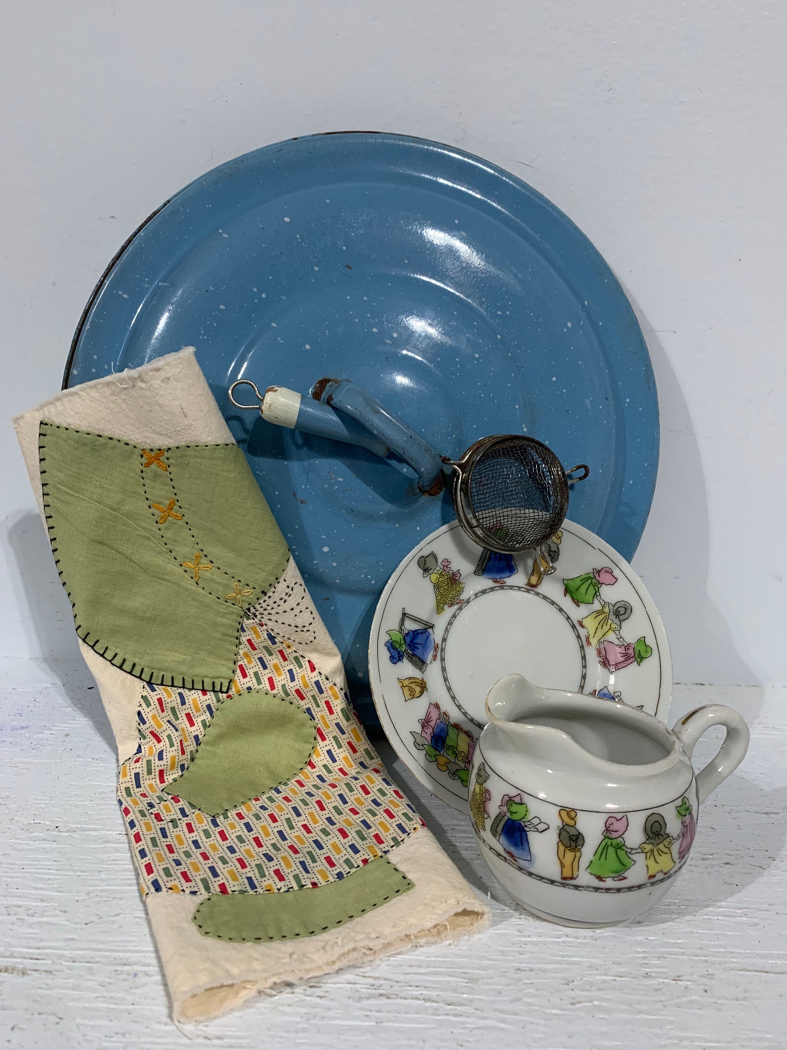 Vignette in a Box, Enamelware Lid, Child's Toy Strainer, Small Plate ...