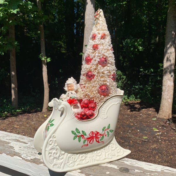 Vintage Relpo Christmas Santa Sleigh Planter, Tree Filled With Vintage ...