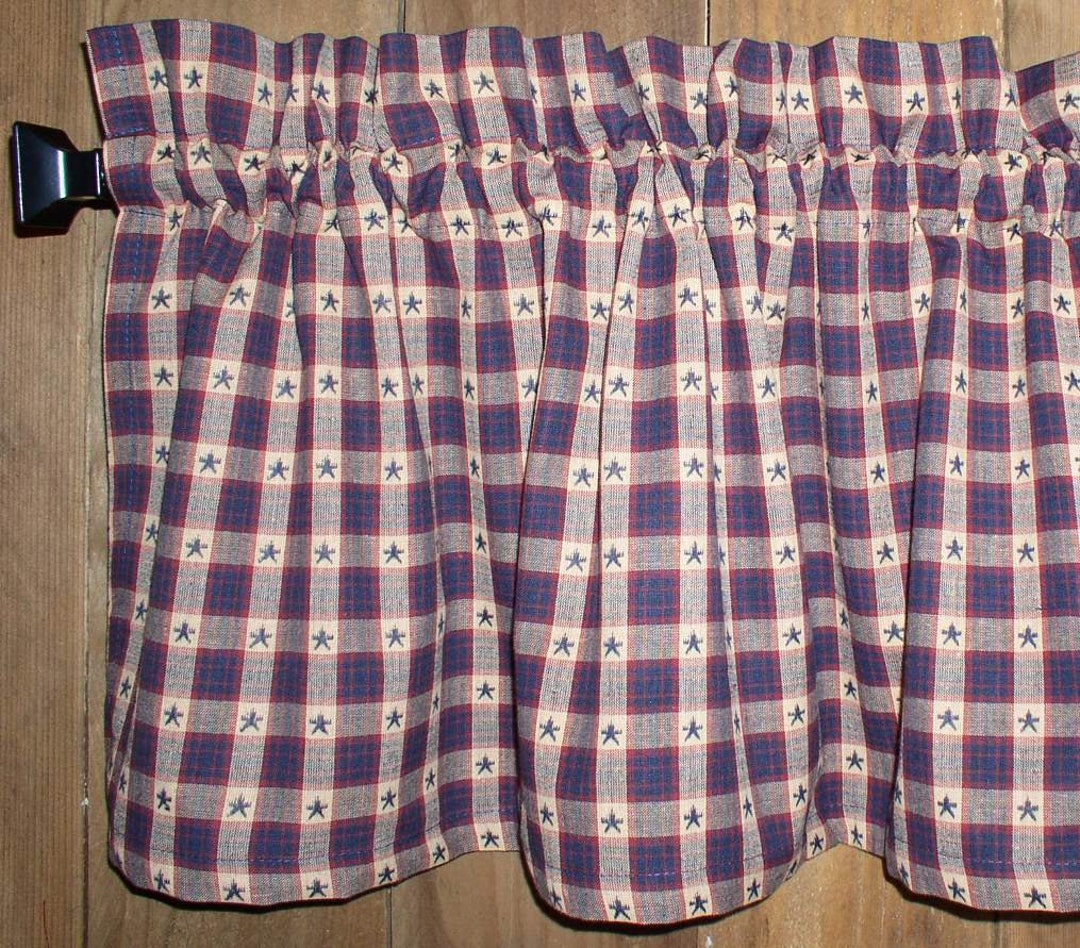 Americana Plaid Navy Star Valances Tiers And Runners Usa Decor America