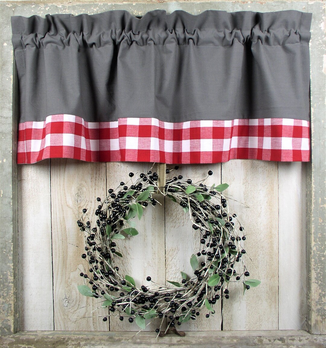 Red and White Buffalo Check Edged Gray Valances Homespun Valance ...