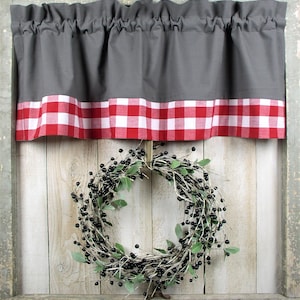Red and White Buffalo Check Edged Gray Valances Homespun Valance ...
