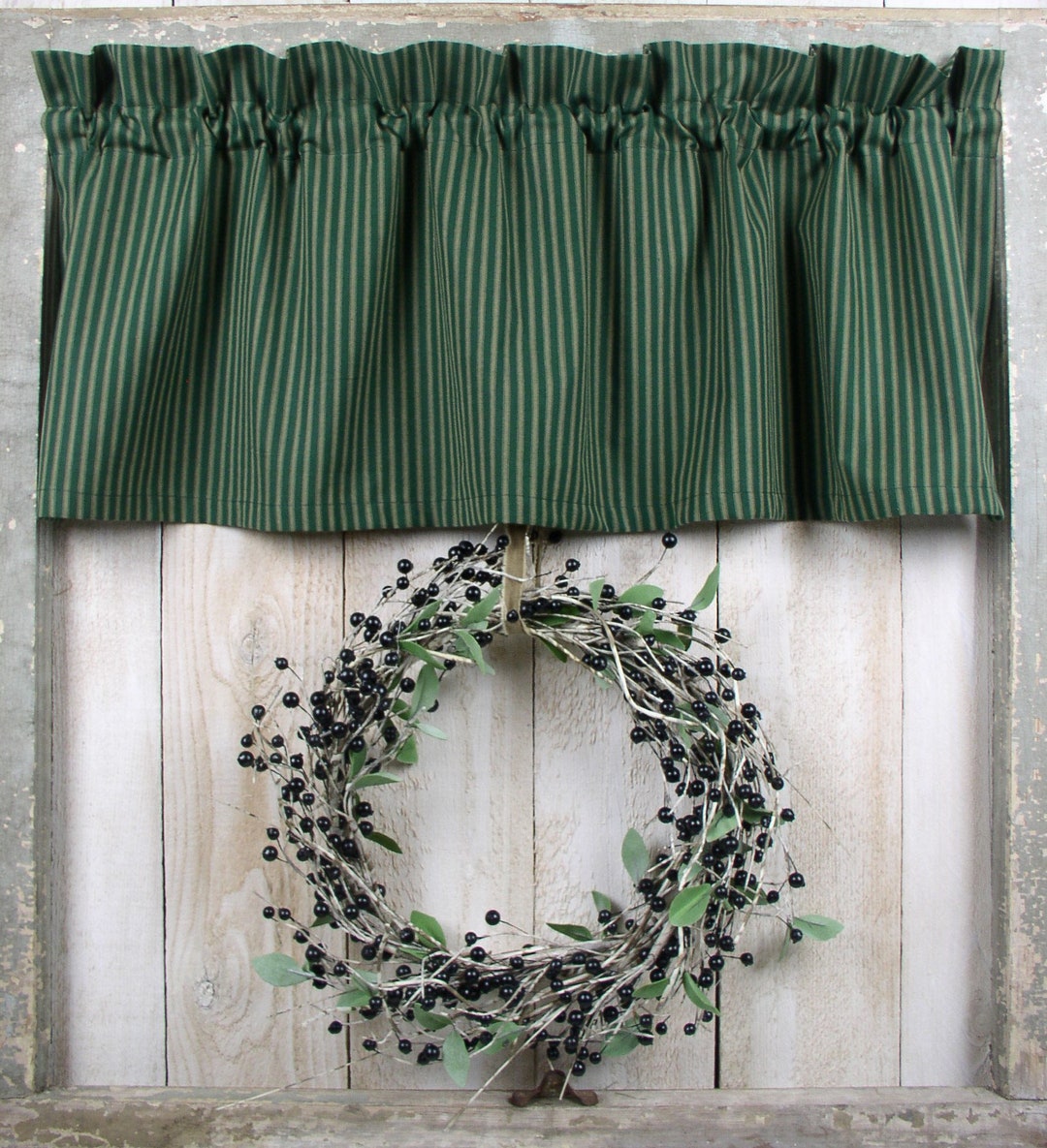 Green Ticking Homespun Valance Tiers Runners Farmhouse Curtains Country ...