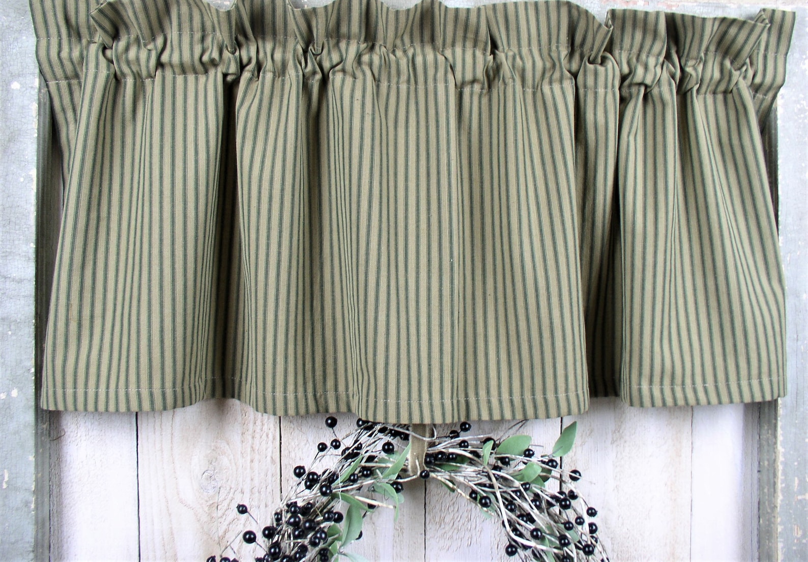Green Khaki Ticking Homespun Valance Tiers Runners Farmhouse Curtains ...