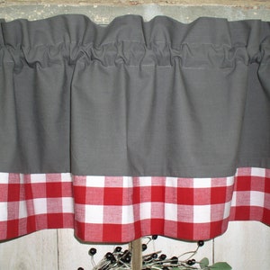 Red and White Buffalo Check Edged Gray Valances Homespun Valance ...