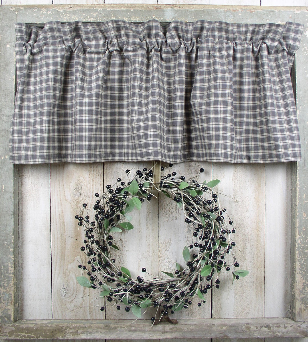 Gray And Beige Plaid Homespun Valances Tiers Runners Country Curtains