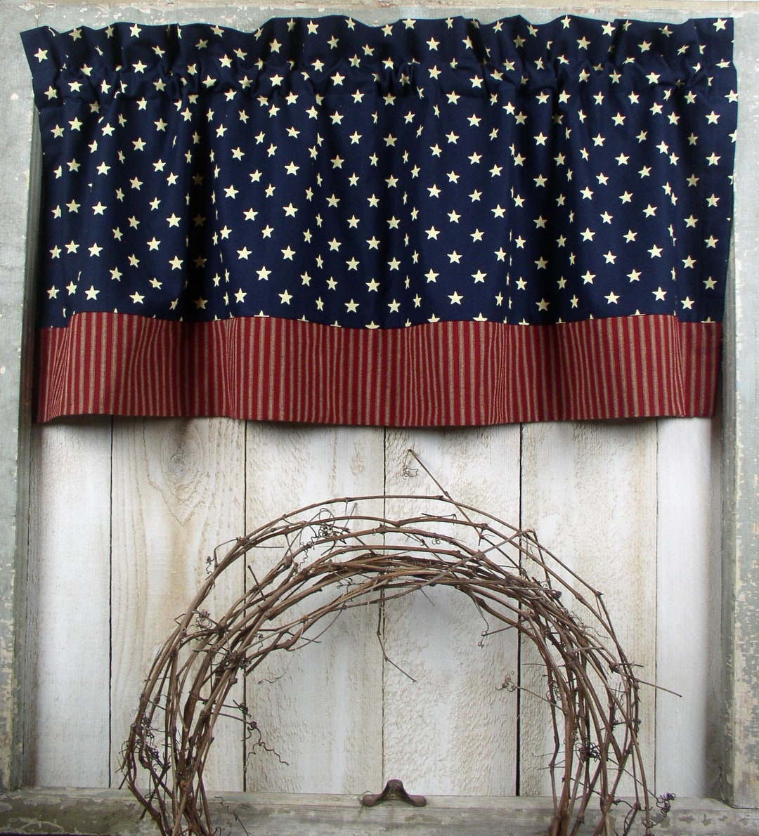 Navy Stars Americana Berry Ticking Stripe Valances Kitchen Decor ...