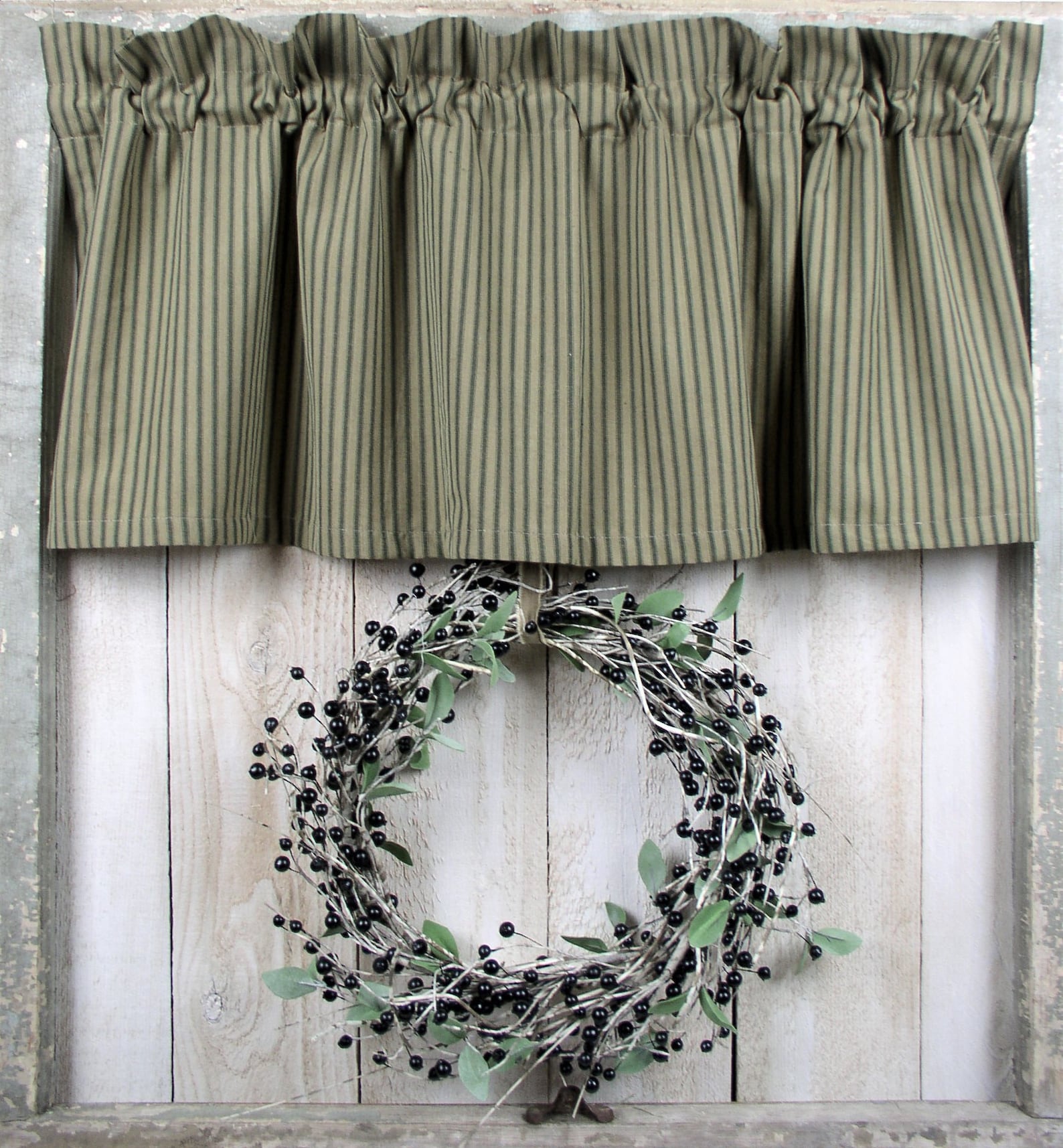 Green Khaki Ticking Homespun Valance Tiers Runners Farmhouse Curtains ...